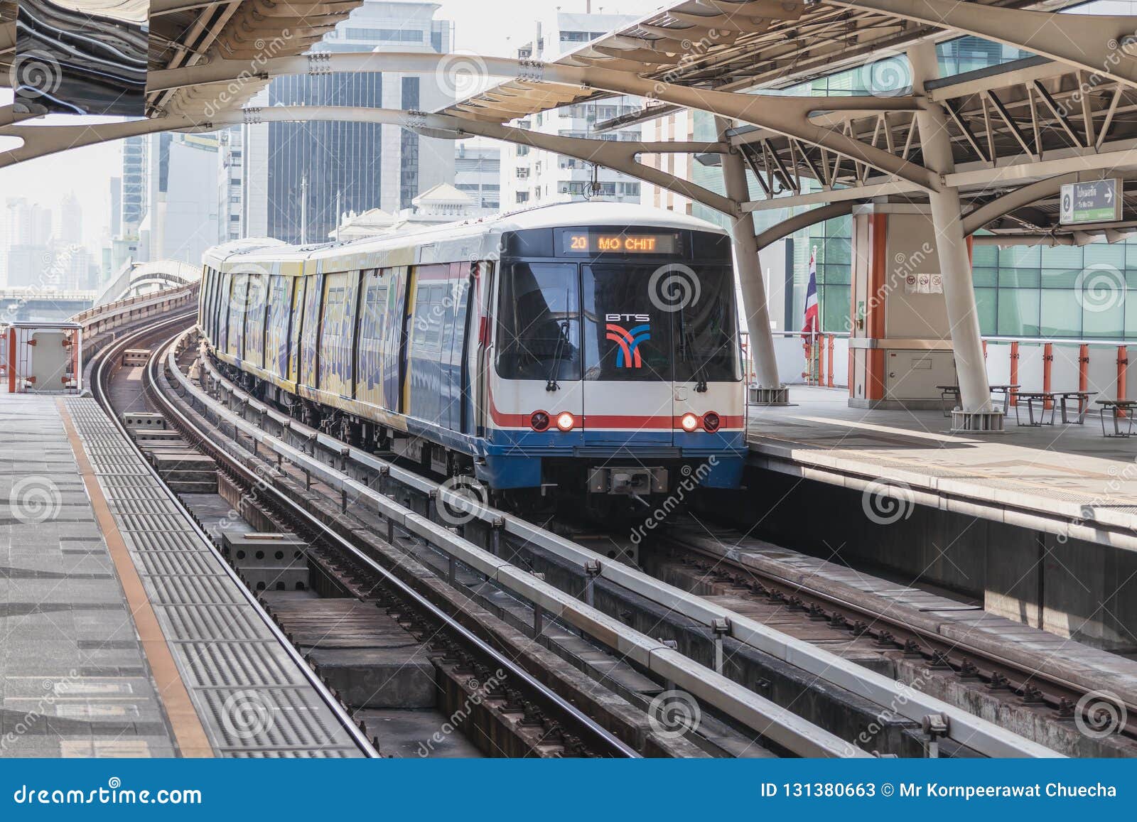 BTS Skytrain Running On Railway Over The Street With Buildings And ...