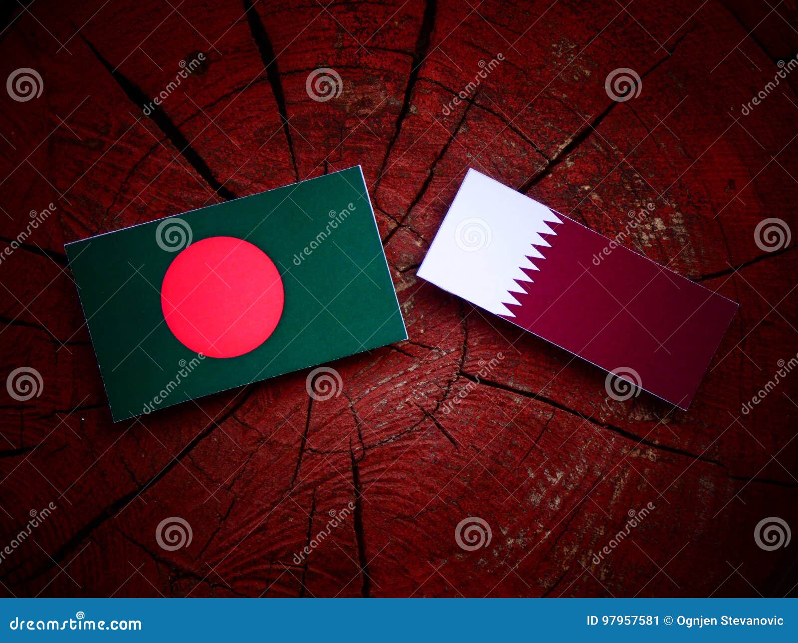 Bangladesh Flag with Qatari Flag on a Tree Stump Isolated Stock Image ...