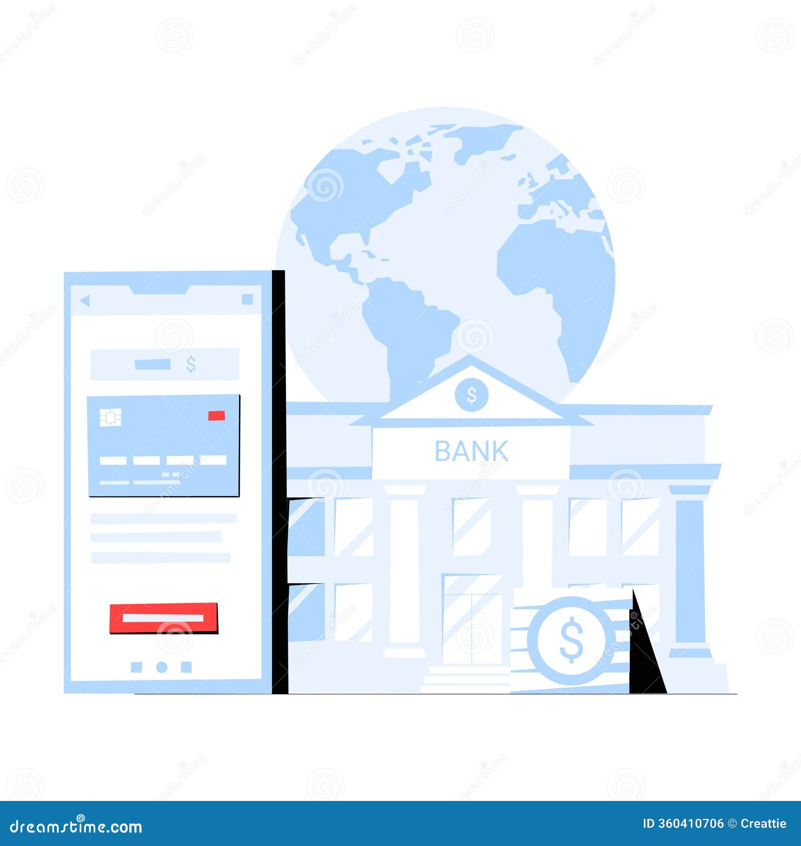Bank Building with Online Banking Interface in Flat Vector Illustration ...
