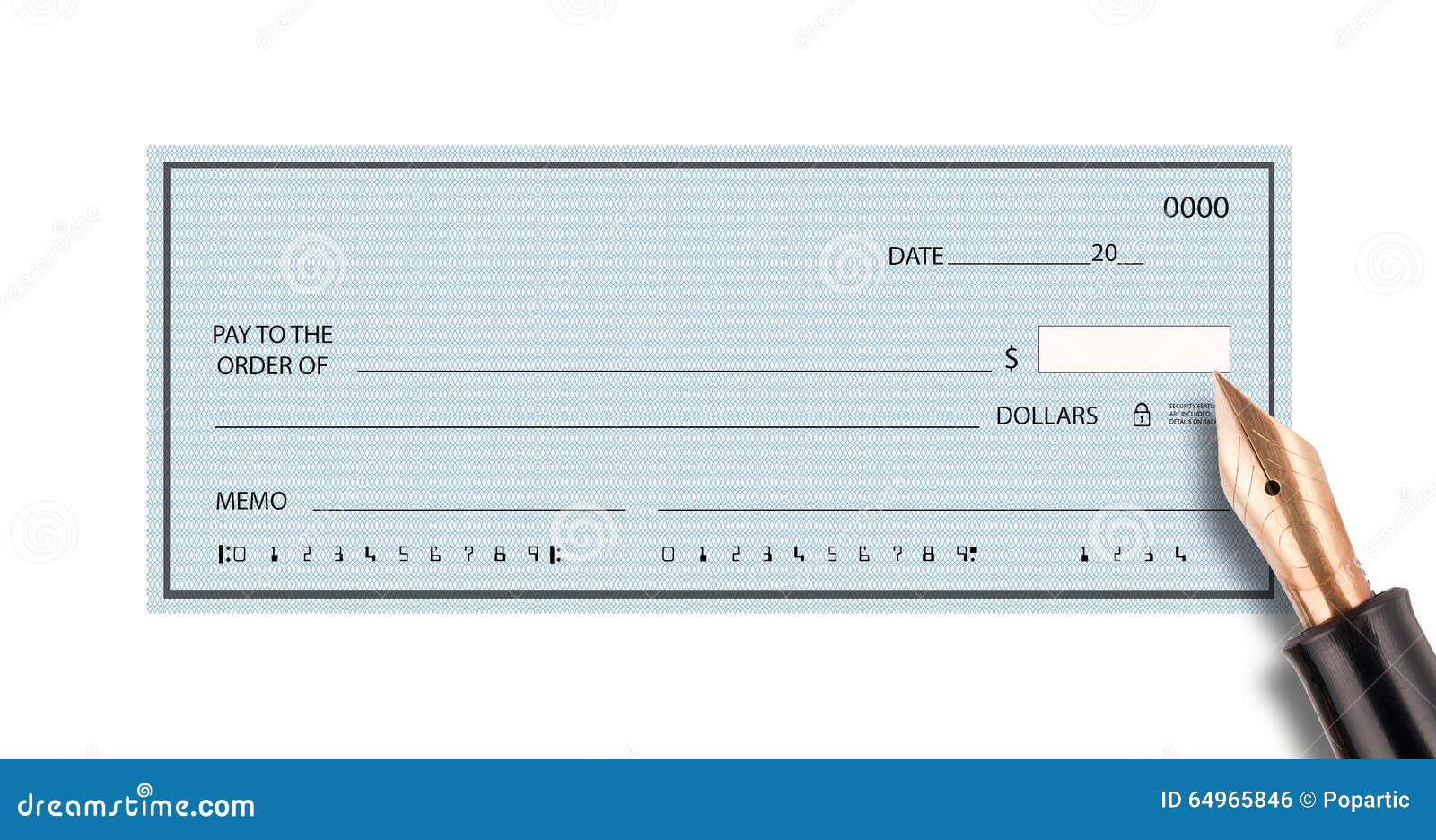 Bank check and pen stock illustration. Illustration of check - 64965846