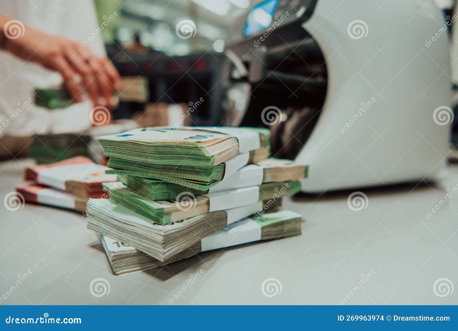 Bank Employees Using Money Counting Machine while Sorting and Counting ...