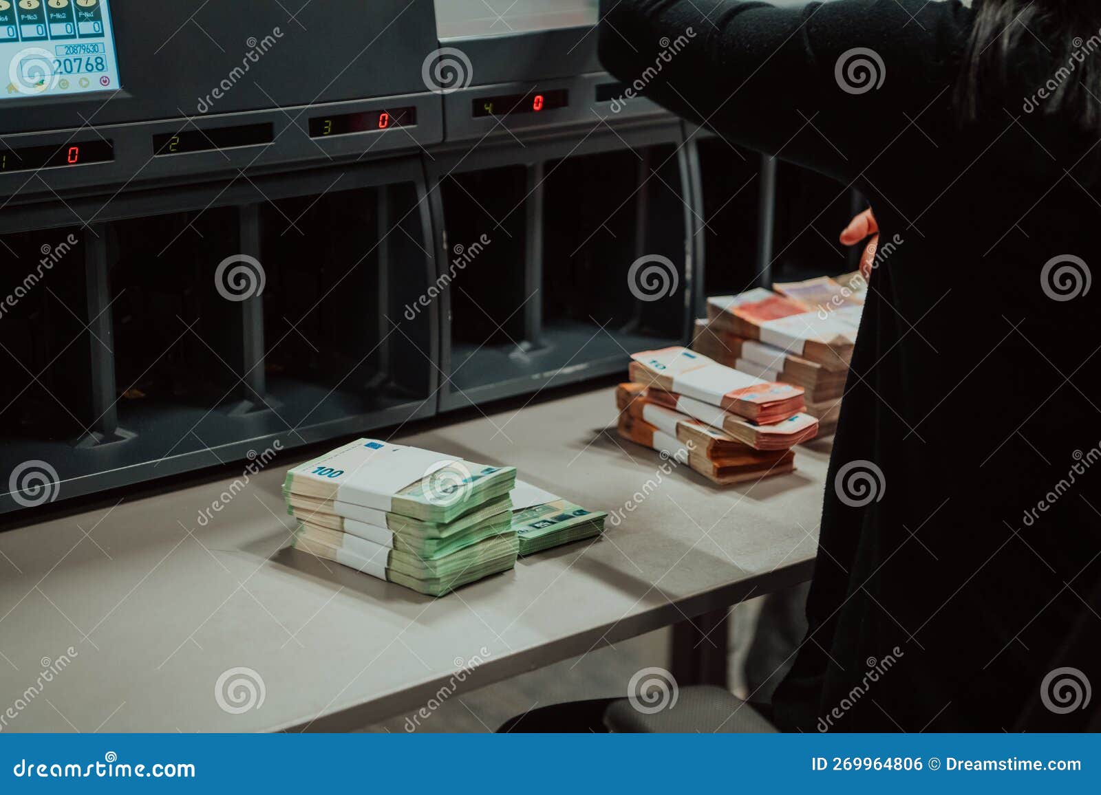 Bank Employees Using Money Counting Machine while Sorting and Counting ...