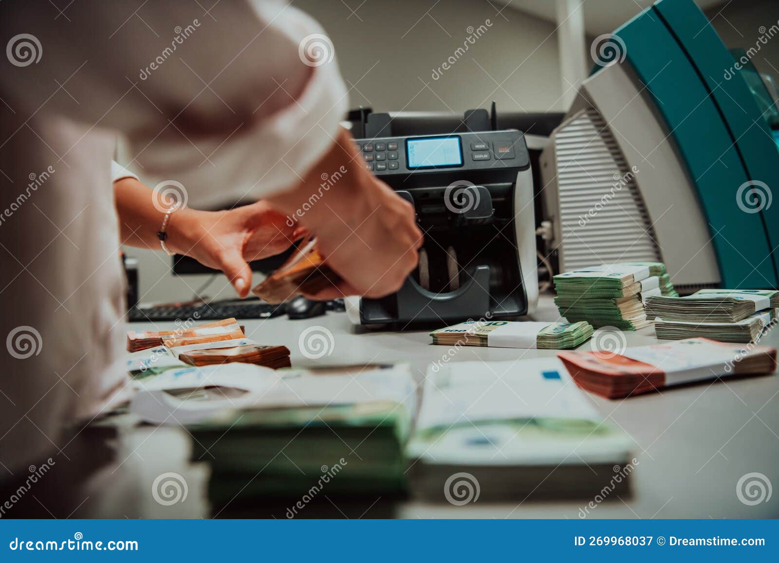 Bank Employees Using Money Counting Machine while Sorting and Counting ...