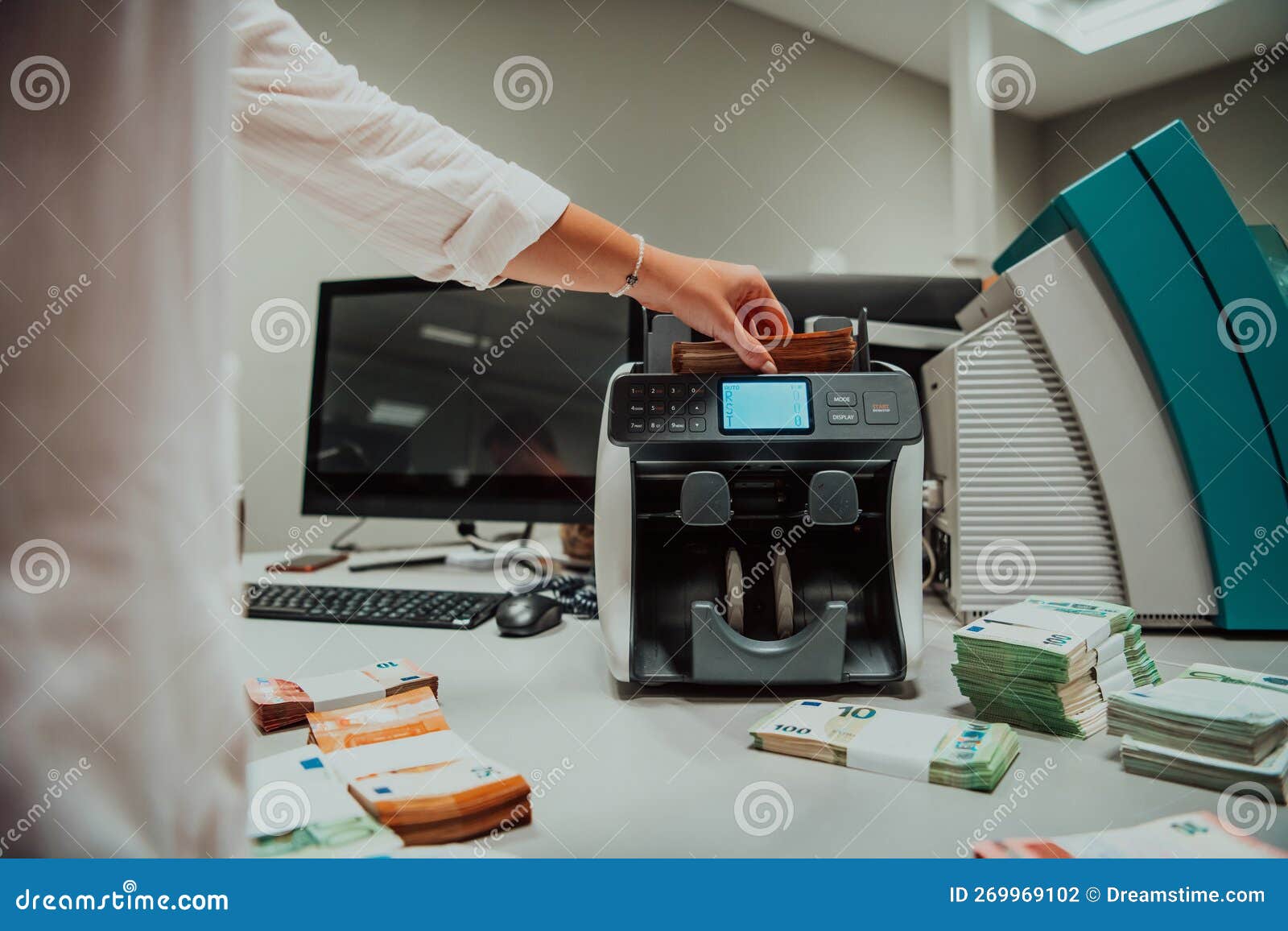Bank Employees Using Money Counting Machine while Sorting and Counting ...