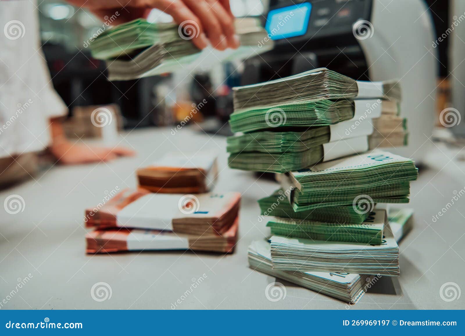 Bank Employees Using Money Counting Machine while Sorting and Counting ...