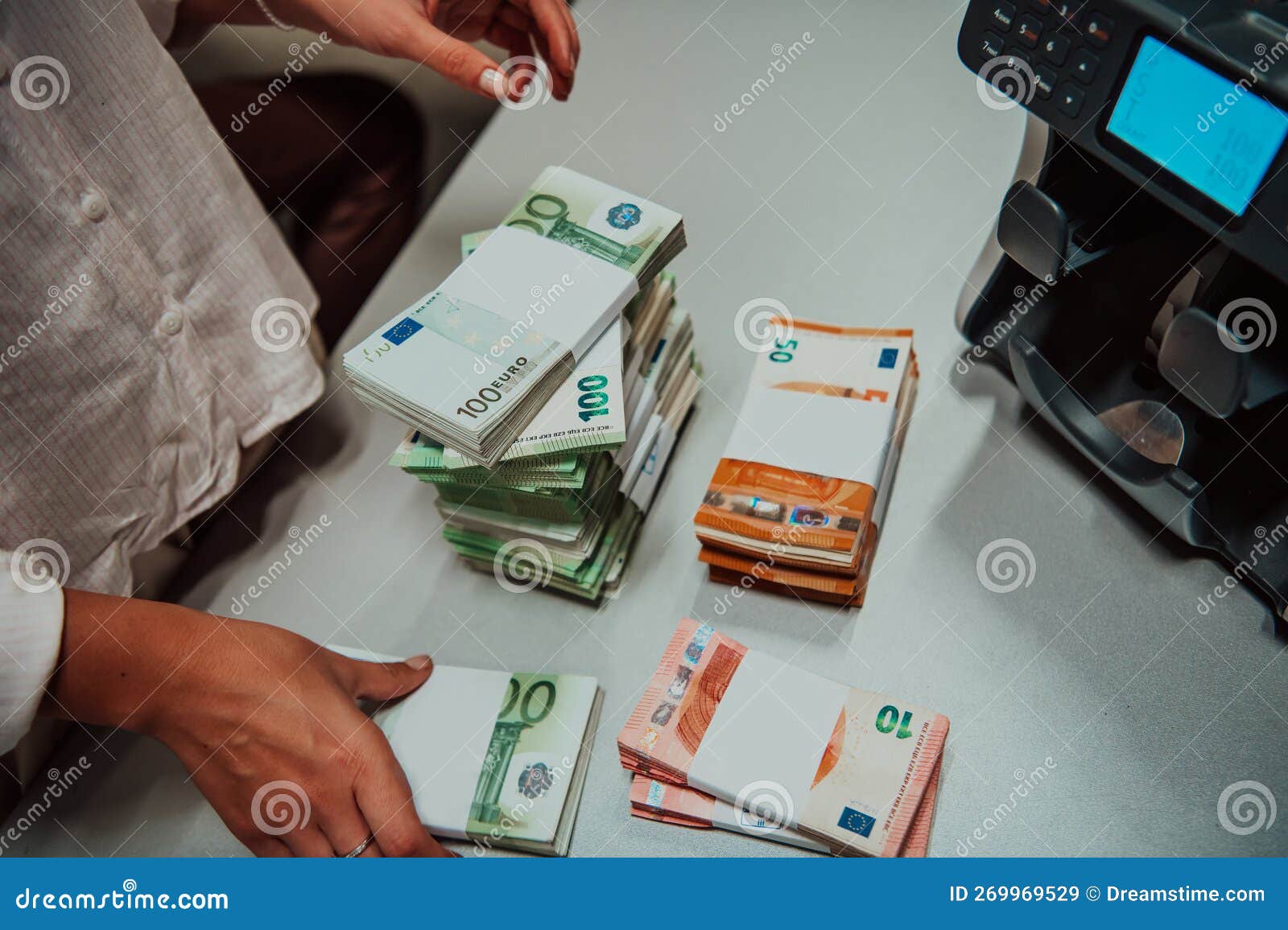 Bank Employees Using Money Counting Machine while Sorting and Counting ...