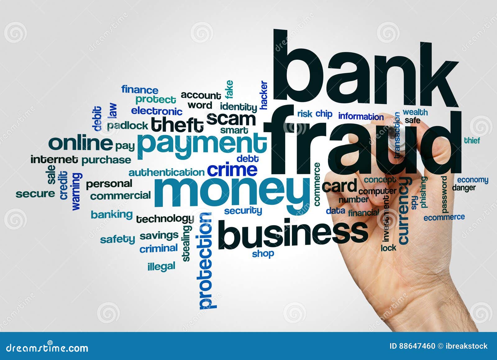 Bank Fraud Word Cloud Concept on Grey Background Stock Photo - Image of ...