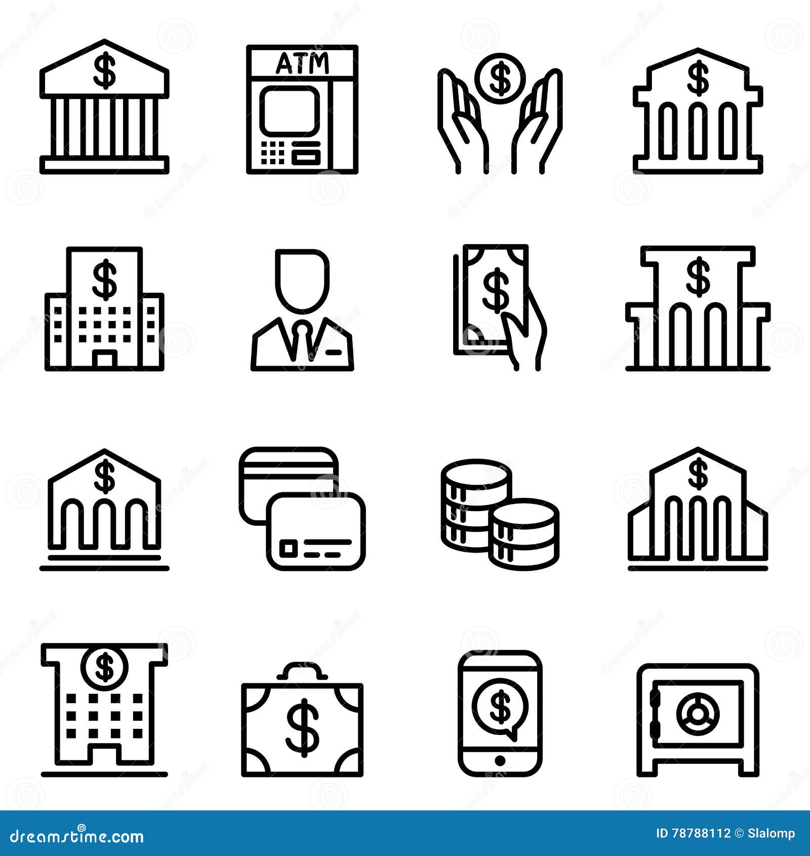 Bank Icon Set in Thin Line Style Stock Illustration - Illustration of ...