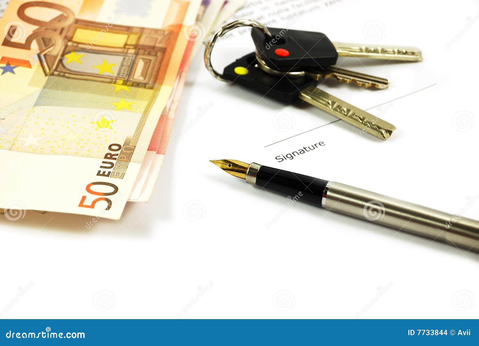 Bank Notes, Keys and a Gold-nibbed Pen Stock Photo - Image of house ...