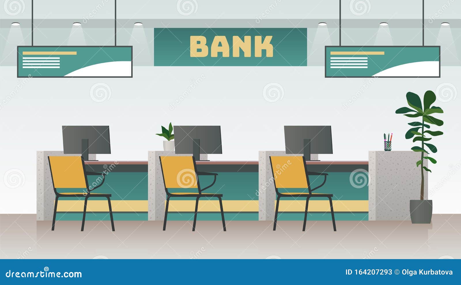 Bank Office Interior. Big Work Corporate Room with Computer and Desk or ...