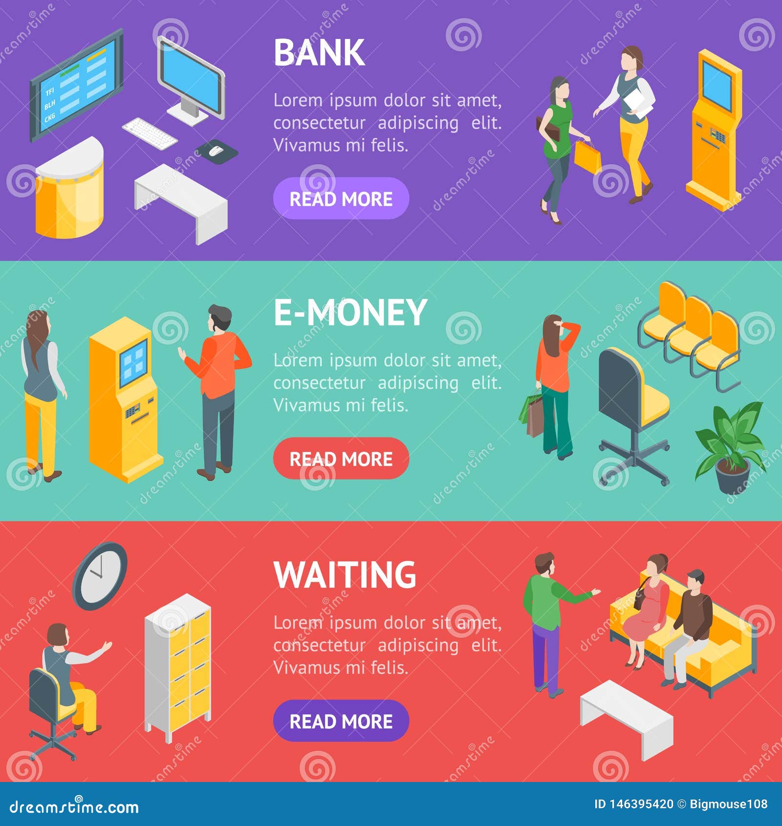 Bank Office Interior with Furniture and People Banner Horizontal Set ...
