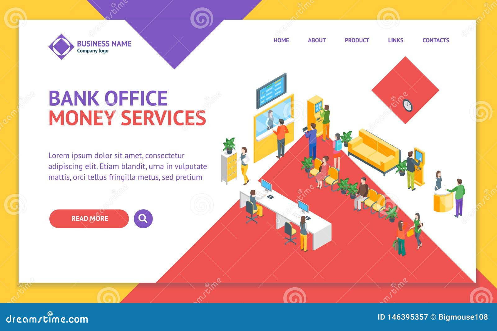 Bank Office Interior Landing Web Page Template Isometric View. Vector ...