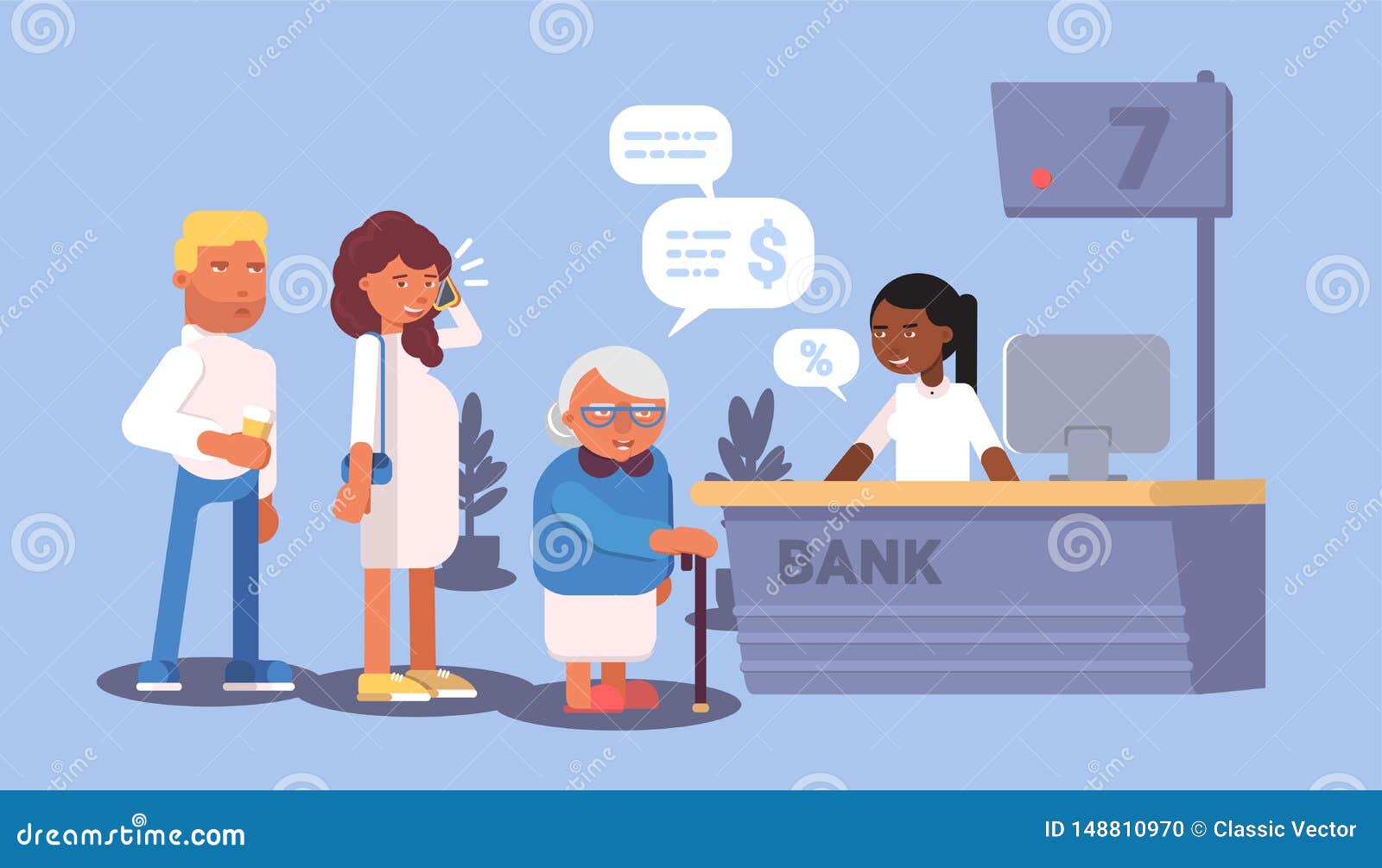 Bank Reception Concept. Woker Standing At The Counter And Helping A ...