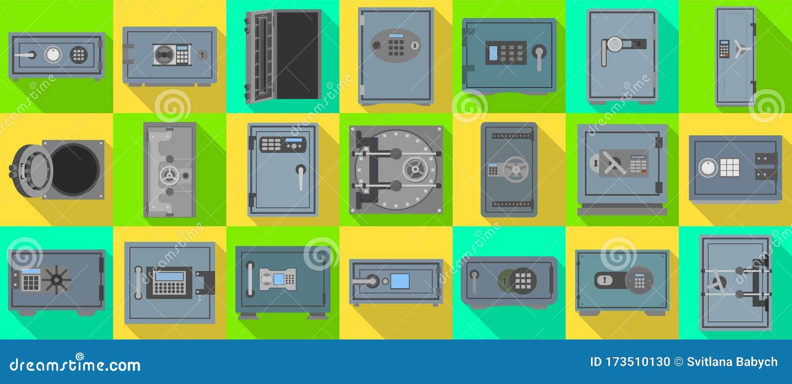 Bank Safe Vector Flat Set Icon. Isolated Set Flat Icon Secure Box ...