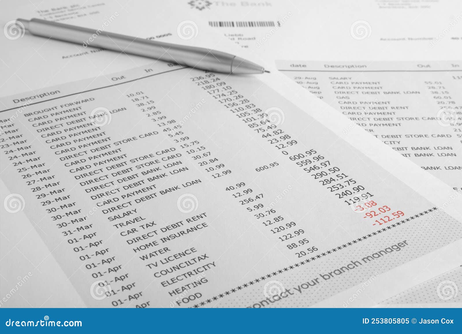 Bank Statements Showing Account in Debt Stock Image - Image of ...
