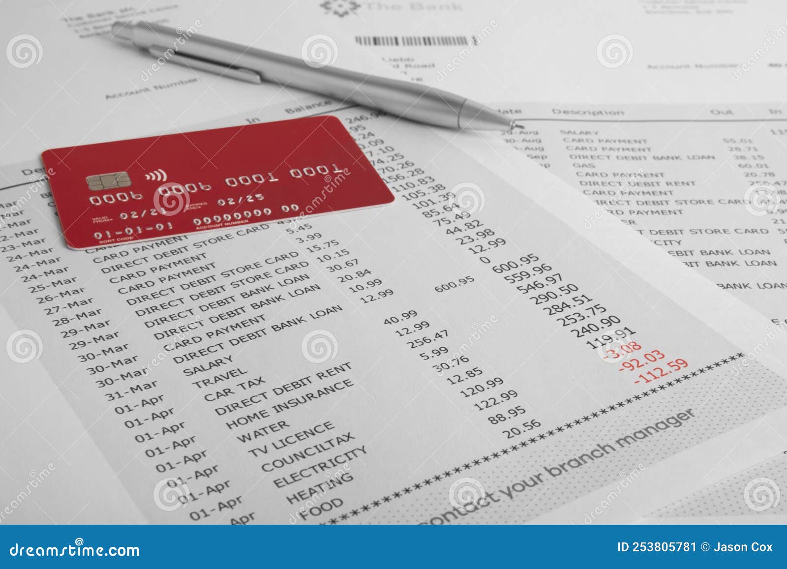 Bank Statements Showing Account in Debt Stock Image - Image of credit ...