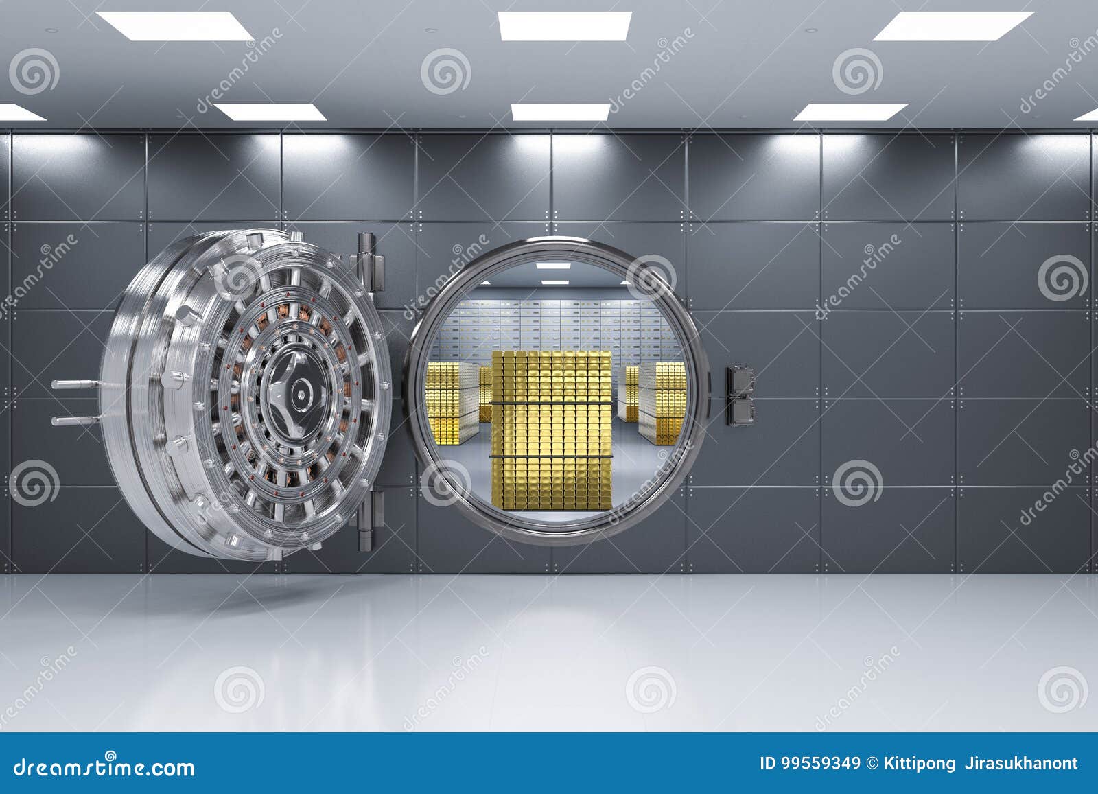 Bank Vault Interior With Open Vault Door And Stacks Of Safety Deposits ...