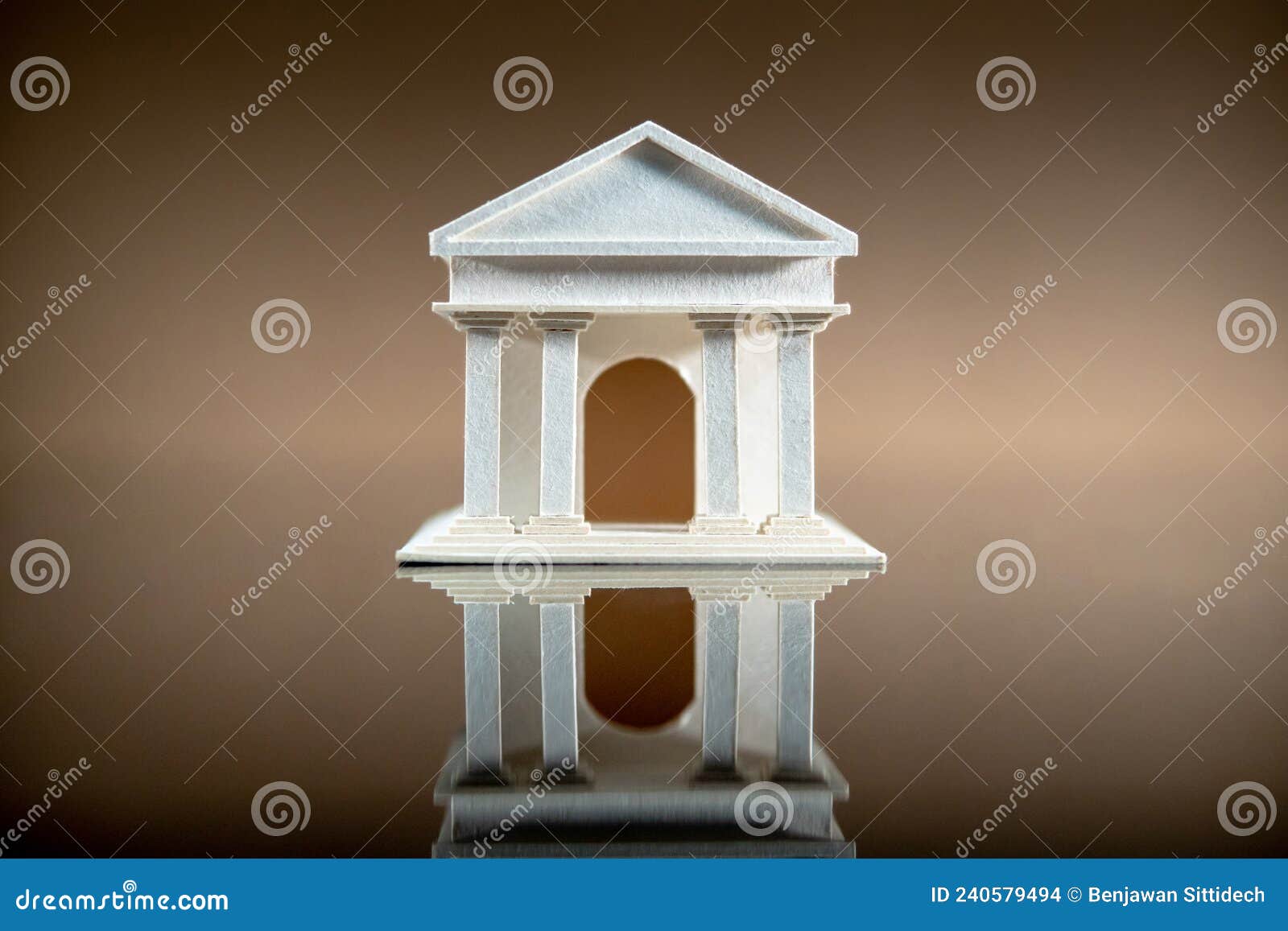Banking Concept. Paper Bank Building Model Reflected on Table Stock ...