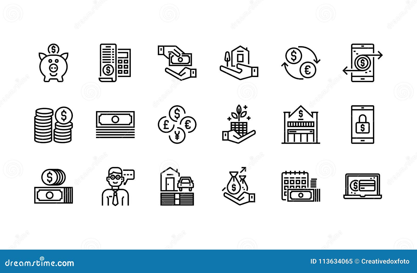 Banking Icons Thin Line Set. Currency Operations Cartoon Vector ...