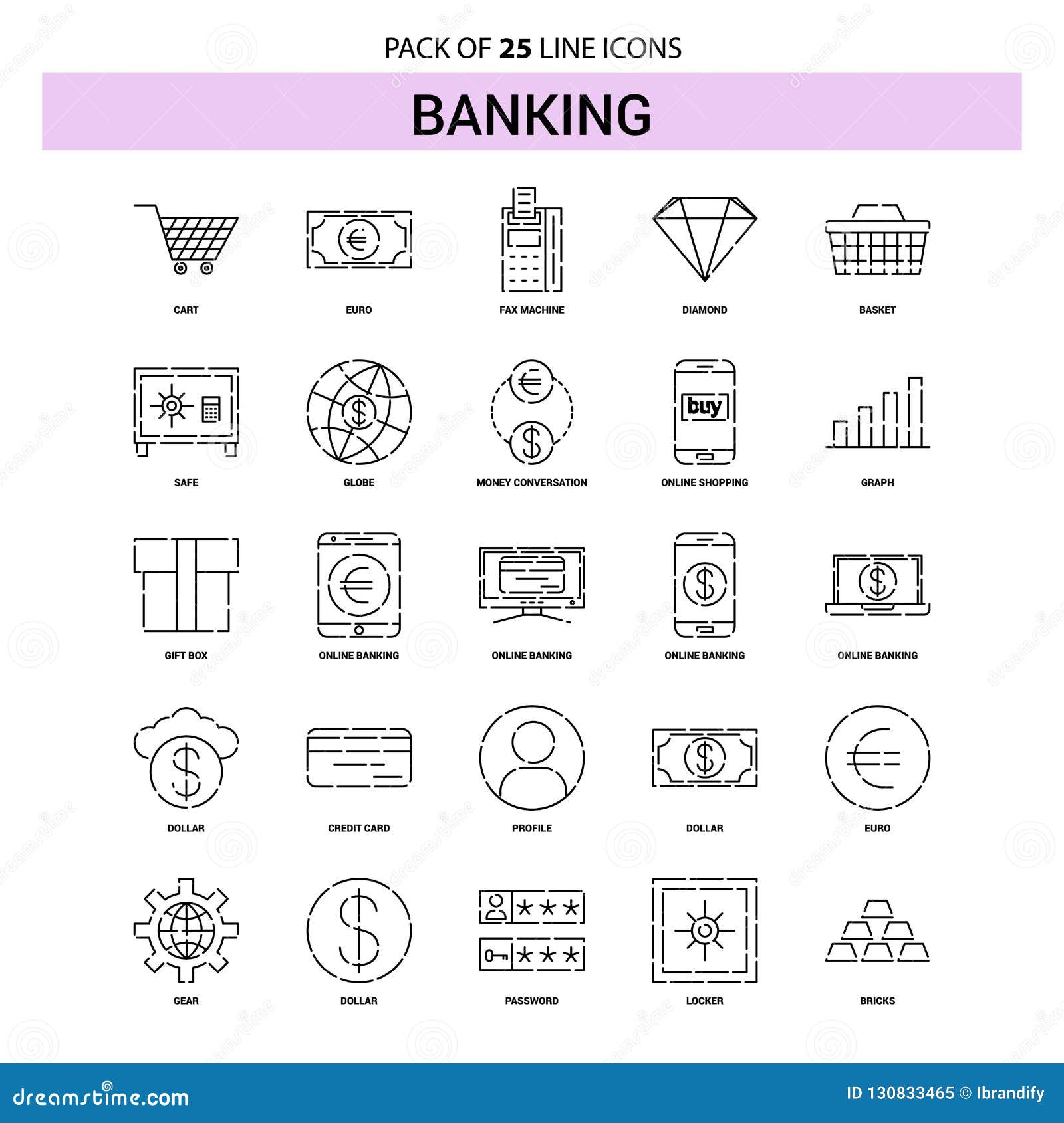 Banking Line Icon Set - 25 Dashed Outline Style Stock Vector ...