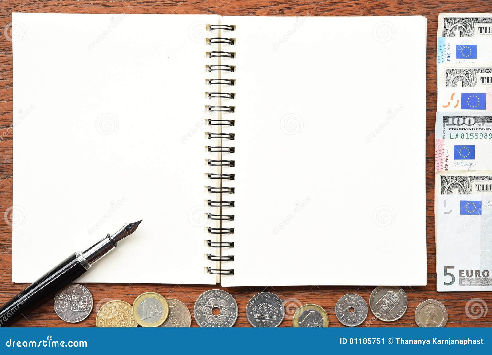 Banknote and Coins with Notebook Stock Image - Image of savings ...