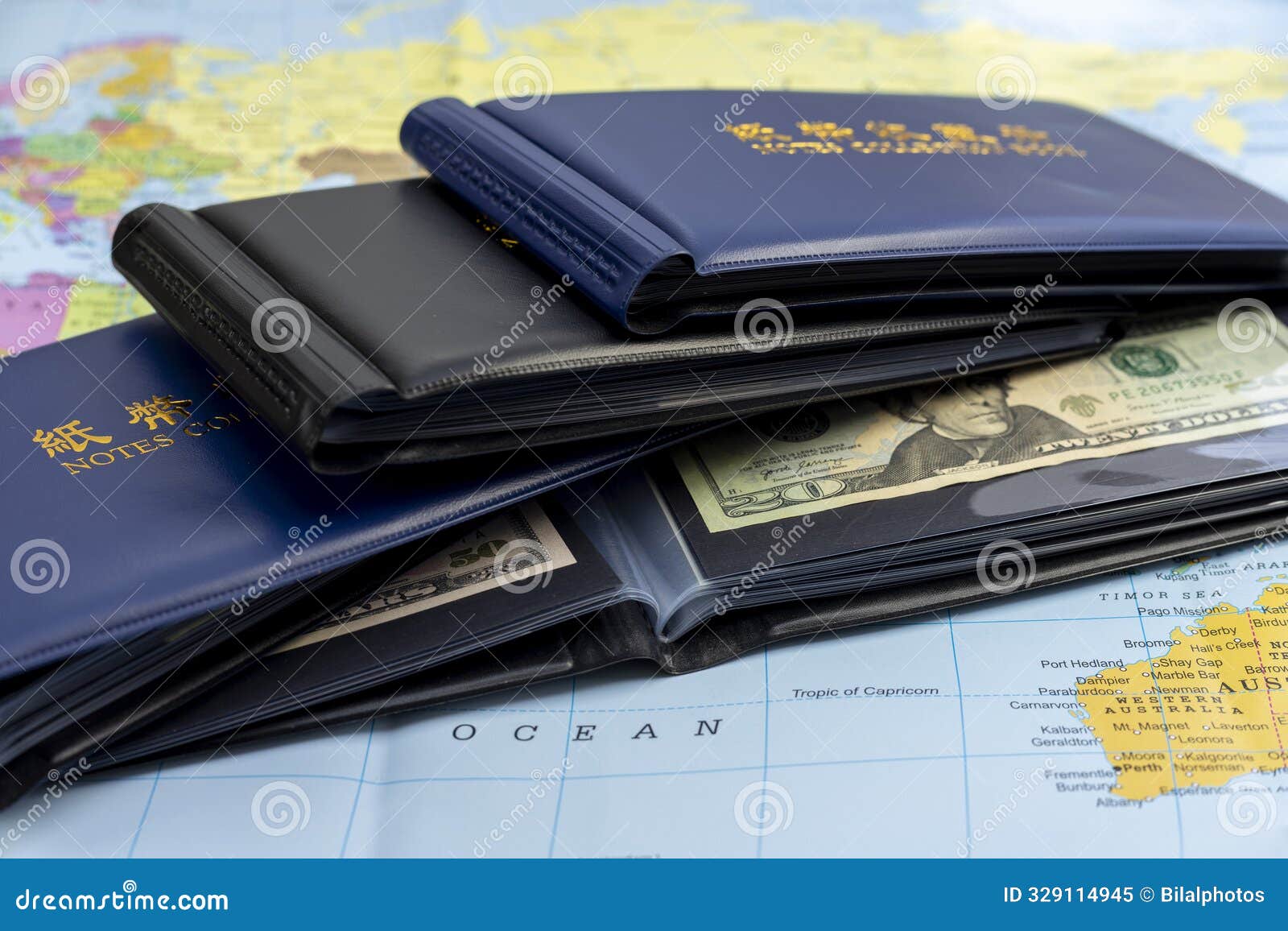 Banknote Collection Album on World Map Stock Image - Image of ...
