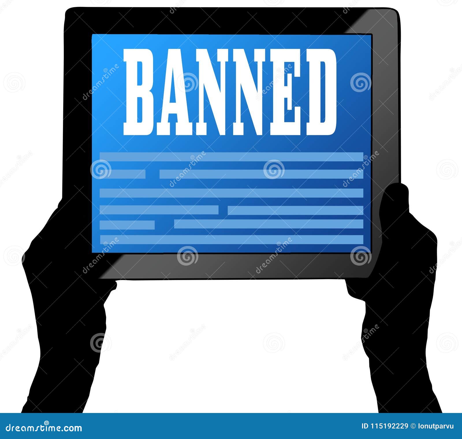 BANNED on Tablet Screen, Held by Two Hands. Stock Illustration ...