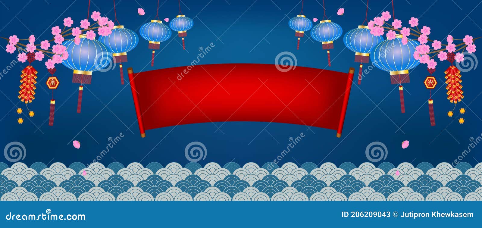 Banner Asian Elements with Craft Style on Blue Background and Red Label ...