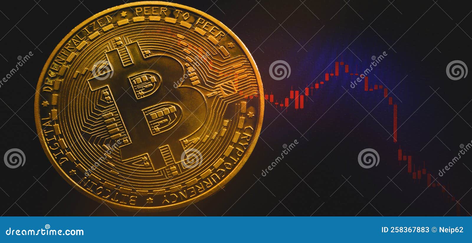 Banner with Bitcoin Coin and Market Chart Graph with Downward Trend ...