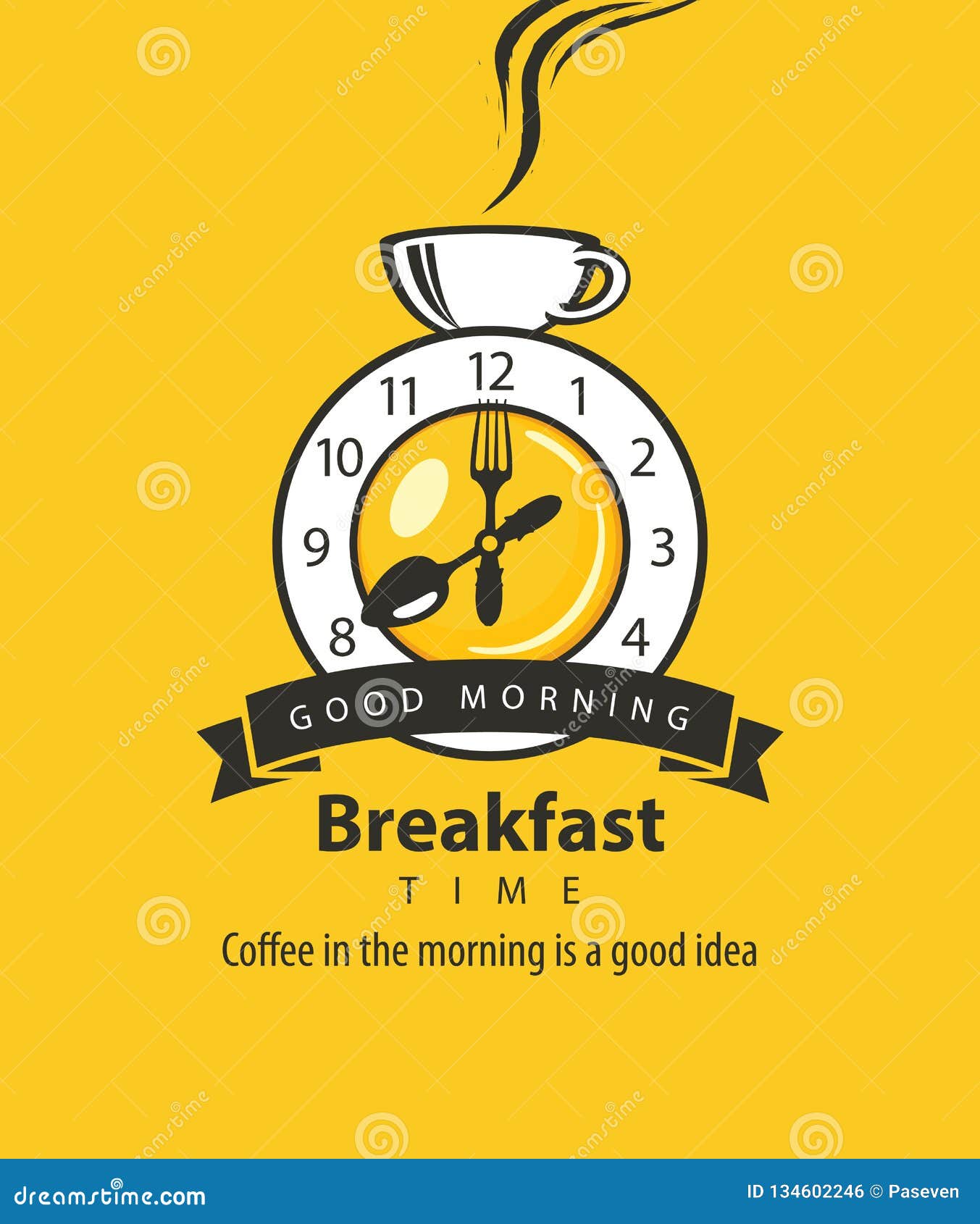 Banner for Breakfast with Clock, Tableware and Cup Stock Vector ...