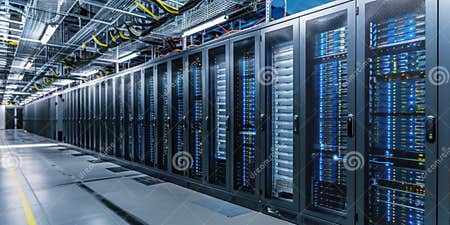 Banner with Data Center with Multiple Rows of Operational Server Racks ...