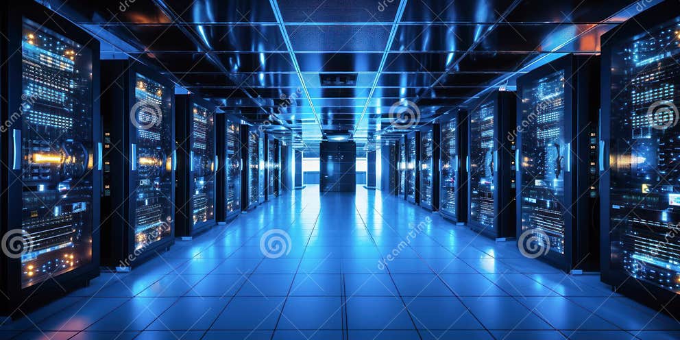 Banner with Data Center with Multiple Rows of Operational Server Racks ...