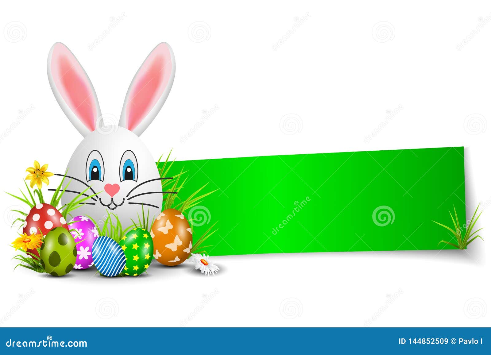 Banner with Easter Bunny, Brightly Painted Easter Eggs and Flowers ...