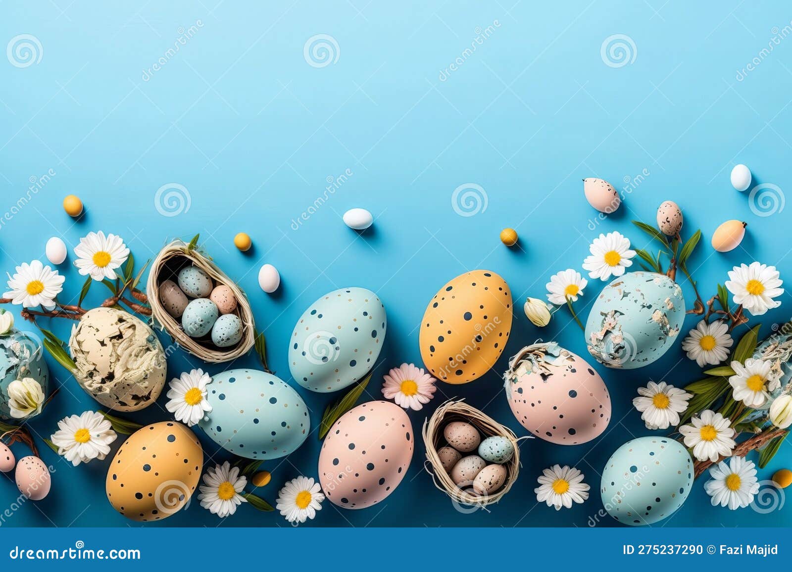 Banner of Easter Quail Eggs, and Flowers Over Blue Background. Spring ...