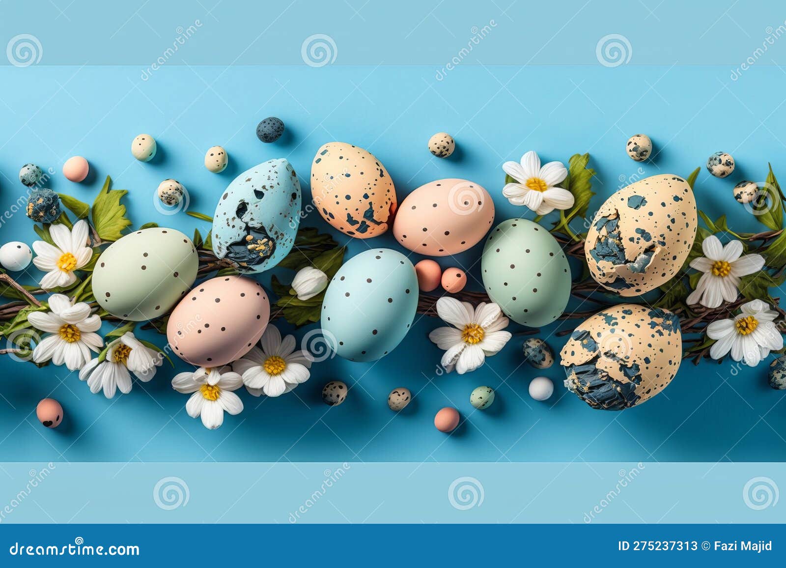 Banner of Easter Quail Eggs, and Flowers Over Blue Background. Spring ...