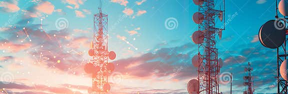 Sunset Sky with Communication Towers and Network Connectivity Stock ...