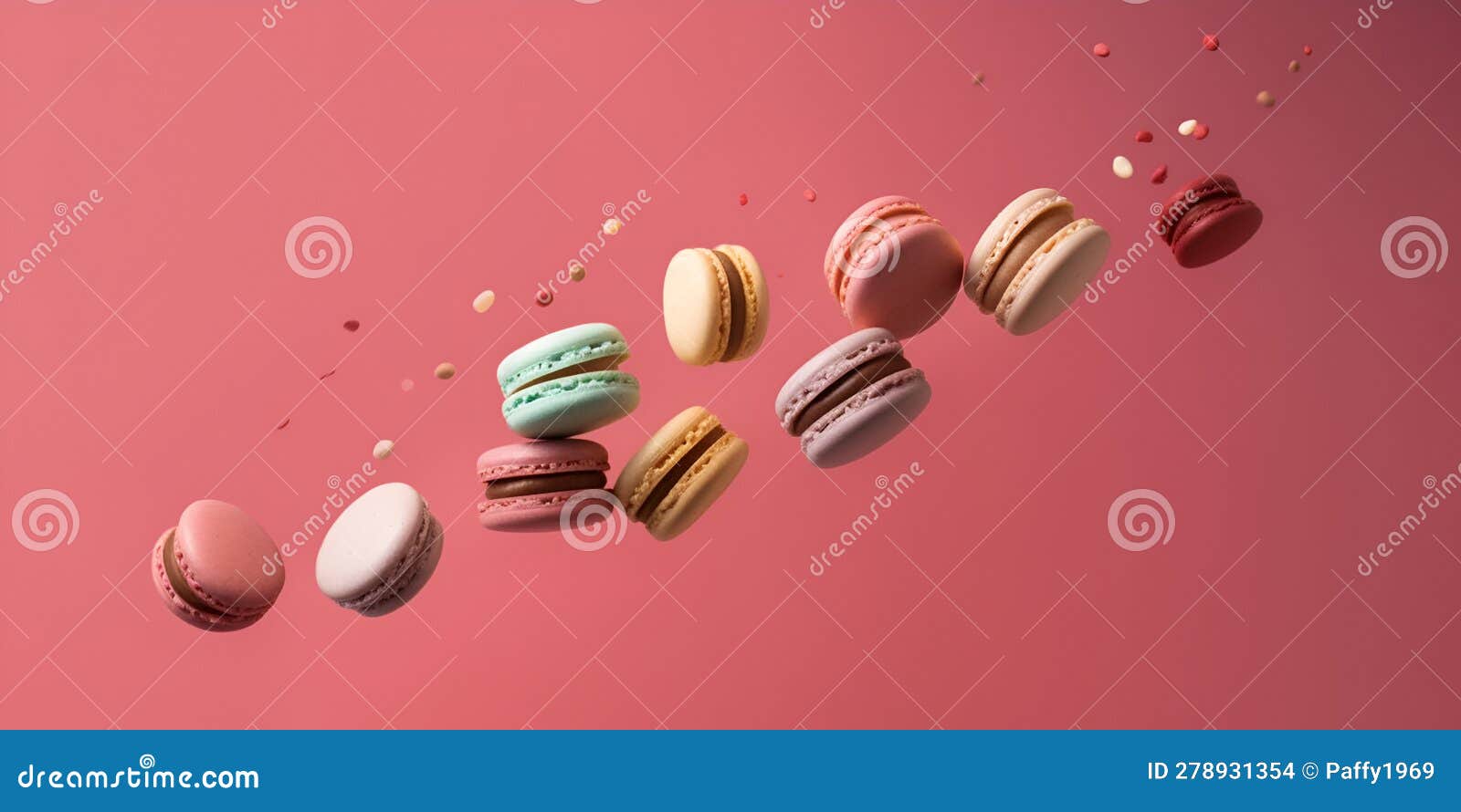 Banner with Flying Colorful Macarons Dessert on Solid Background Stock ...