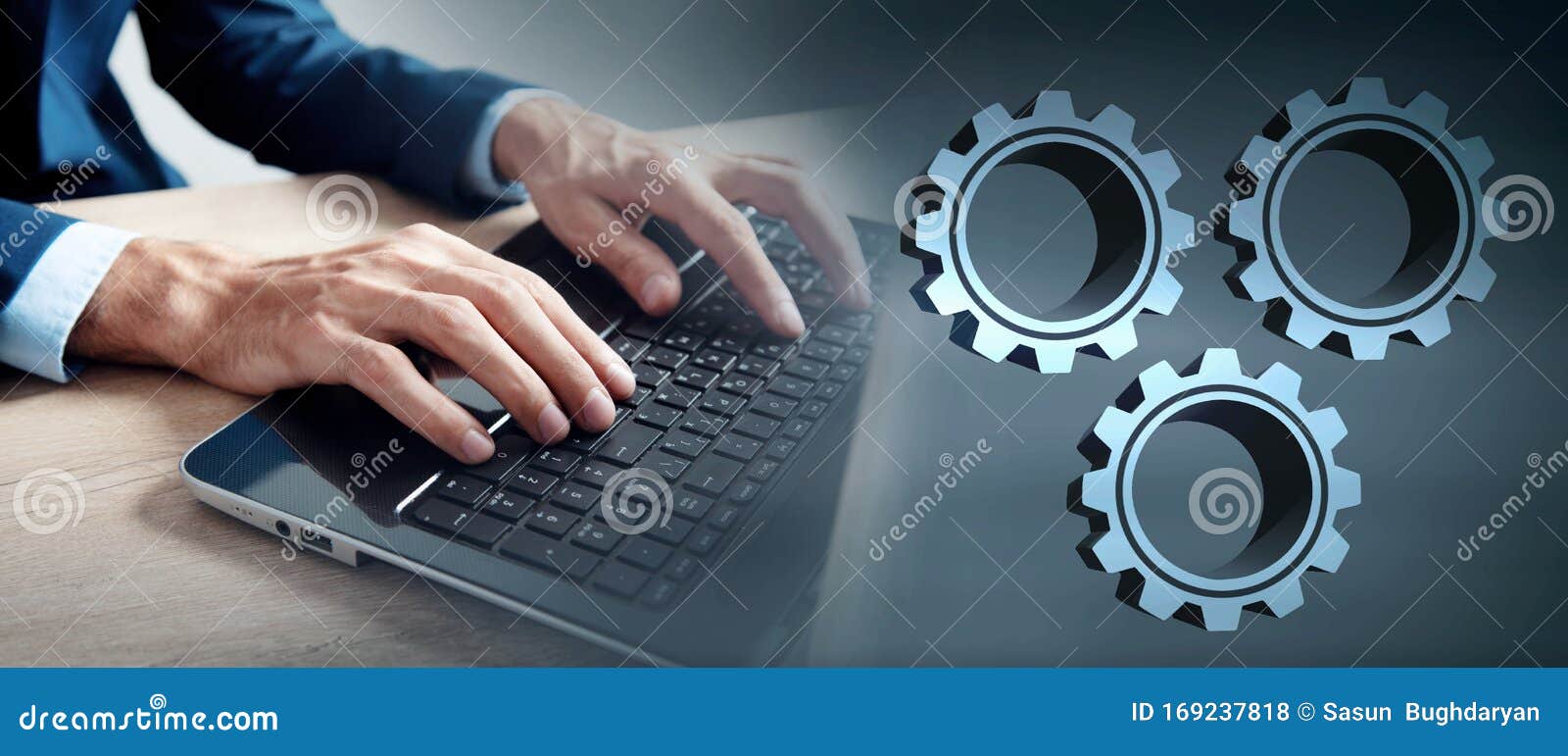 Banner, Gears On Blue Background, Concept Teamwork And Cohesion Royalty ...