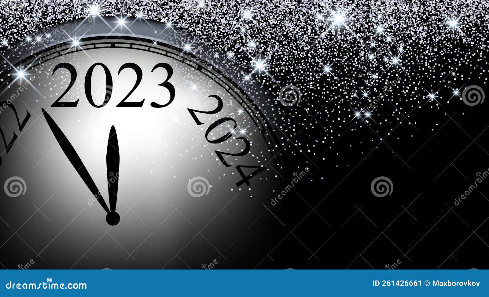 Banner with Half-hidden Clock Showing 2023 with Silver Sparkling Stars ...