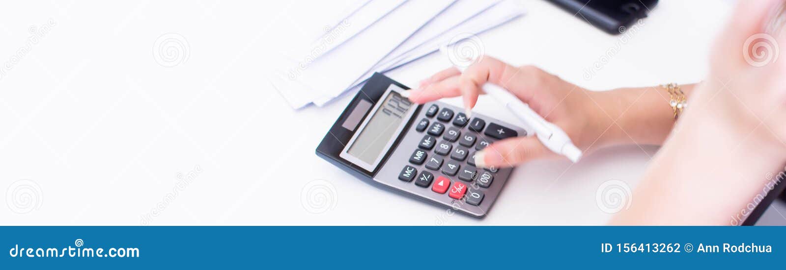 Banner of Hand and Calculator on White Table Stock Photo - Image of ...