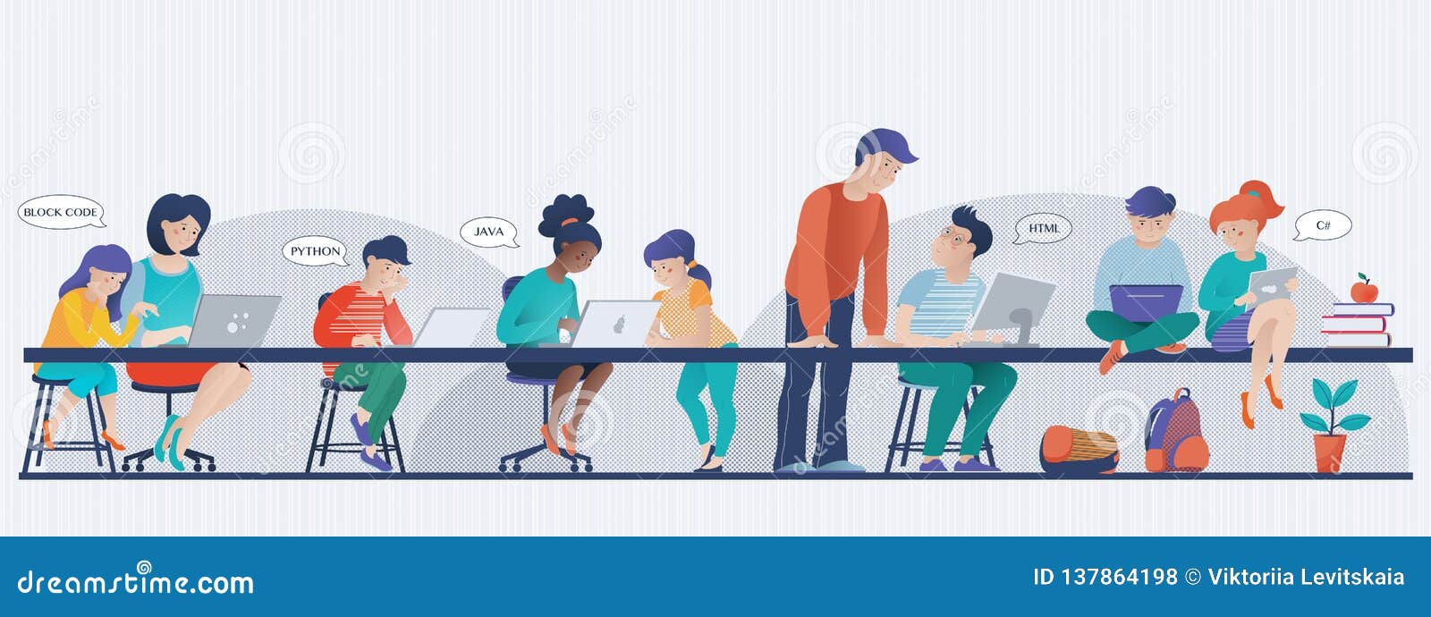 Banner - Kids Learning Computer Science in Class Stock Vector ...