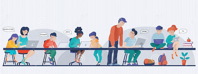Banner - Kids Learning Computer Science in Class Stock Vector ...