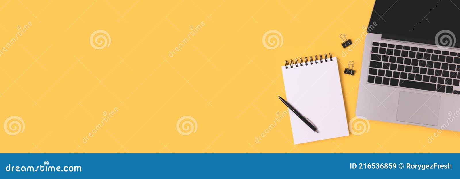 Banner with Laptop and Open Notepad on a Yellow Background. Stock Image ...