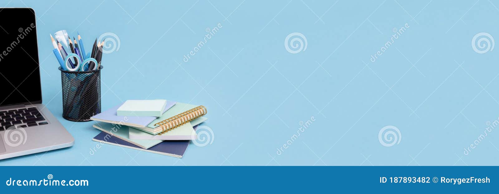 Banner with Laptop, Stack of Notepads, Stand with Stationery Stock ...