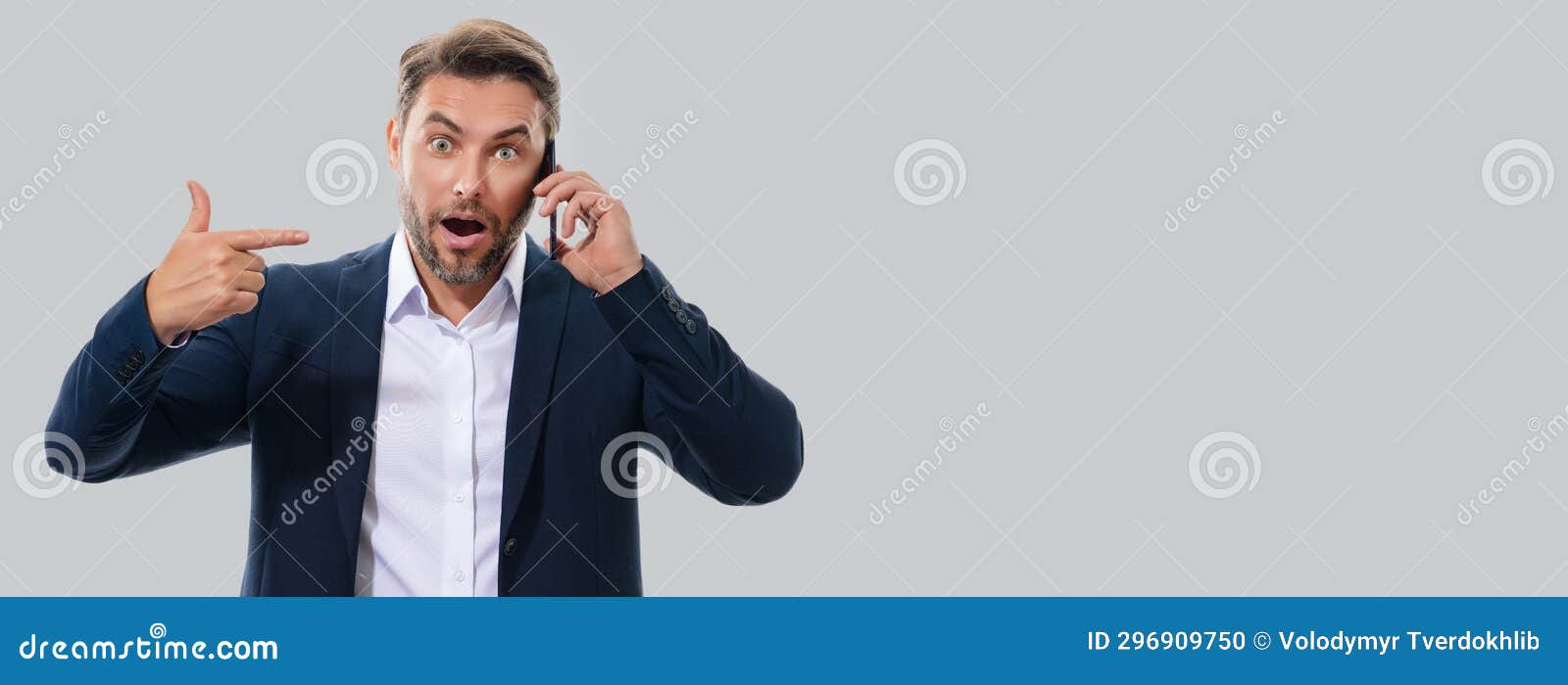 Banner of Man in Suit Using Mobile Smart Phone. Banner for Header, Copy ...