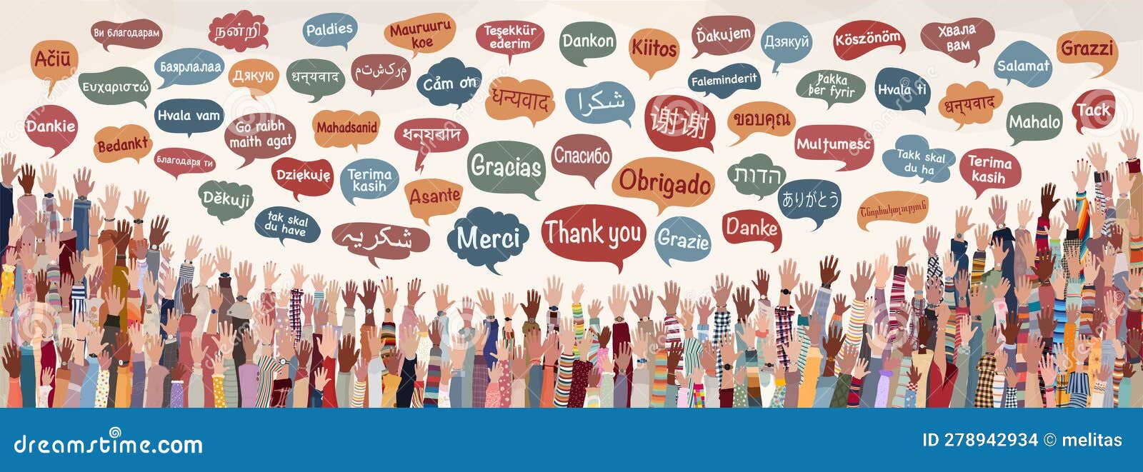 Hand Raised of Multicultural People with Speech Bubbles with Text ...