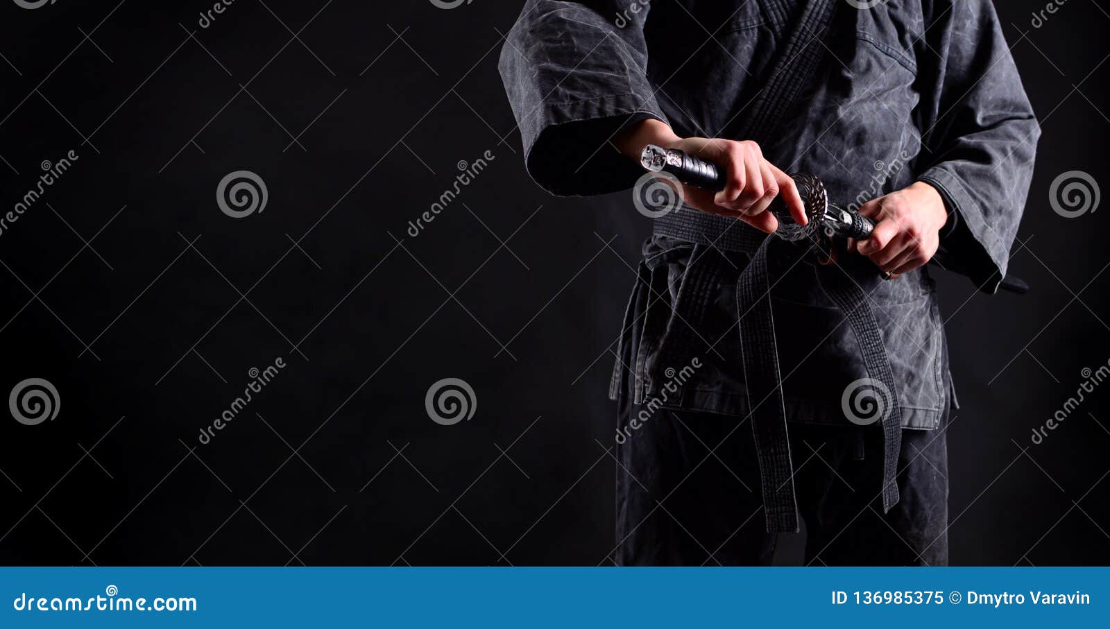 Ninja Samurai Warrior With Naked Torso In Attack Pose With Katana Sword ...