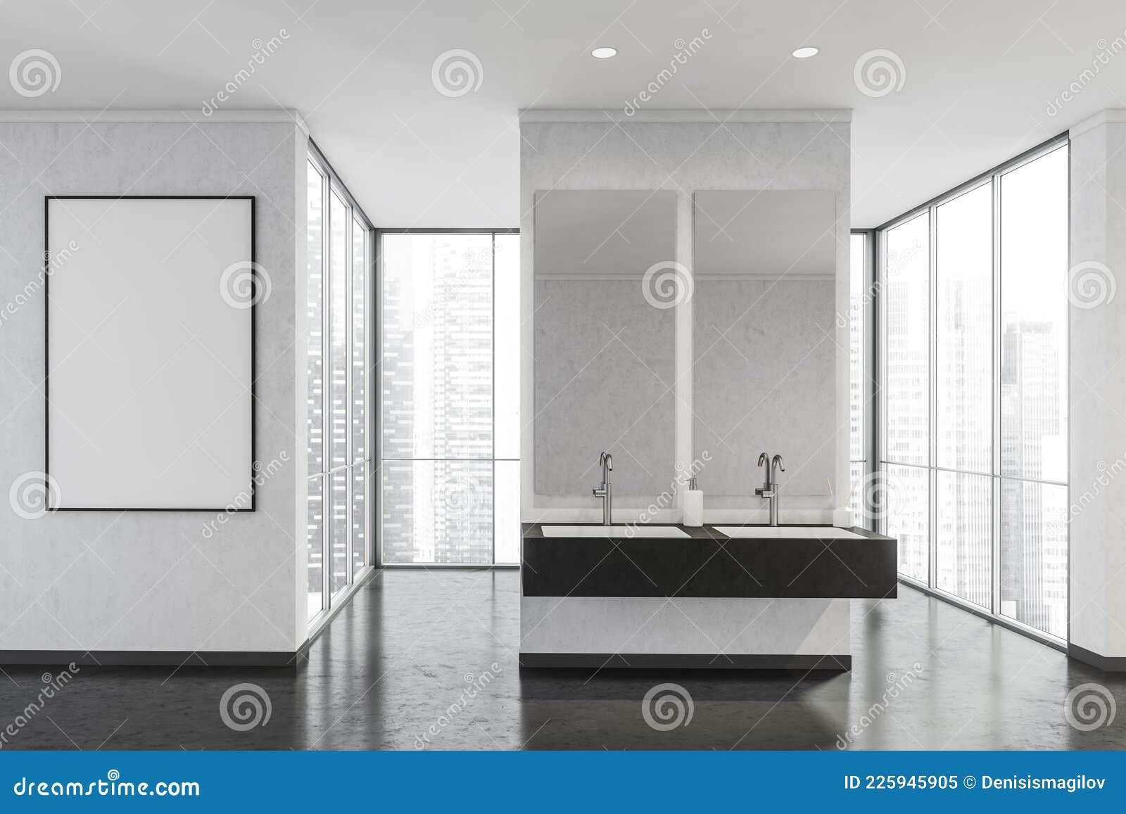 Banner and Partition with Black Shelf Vanity in the White Panoramic ...