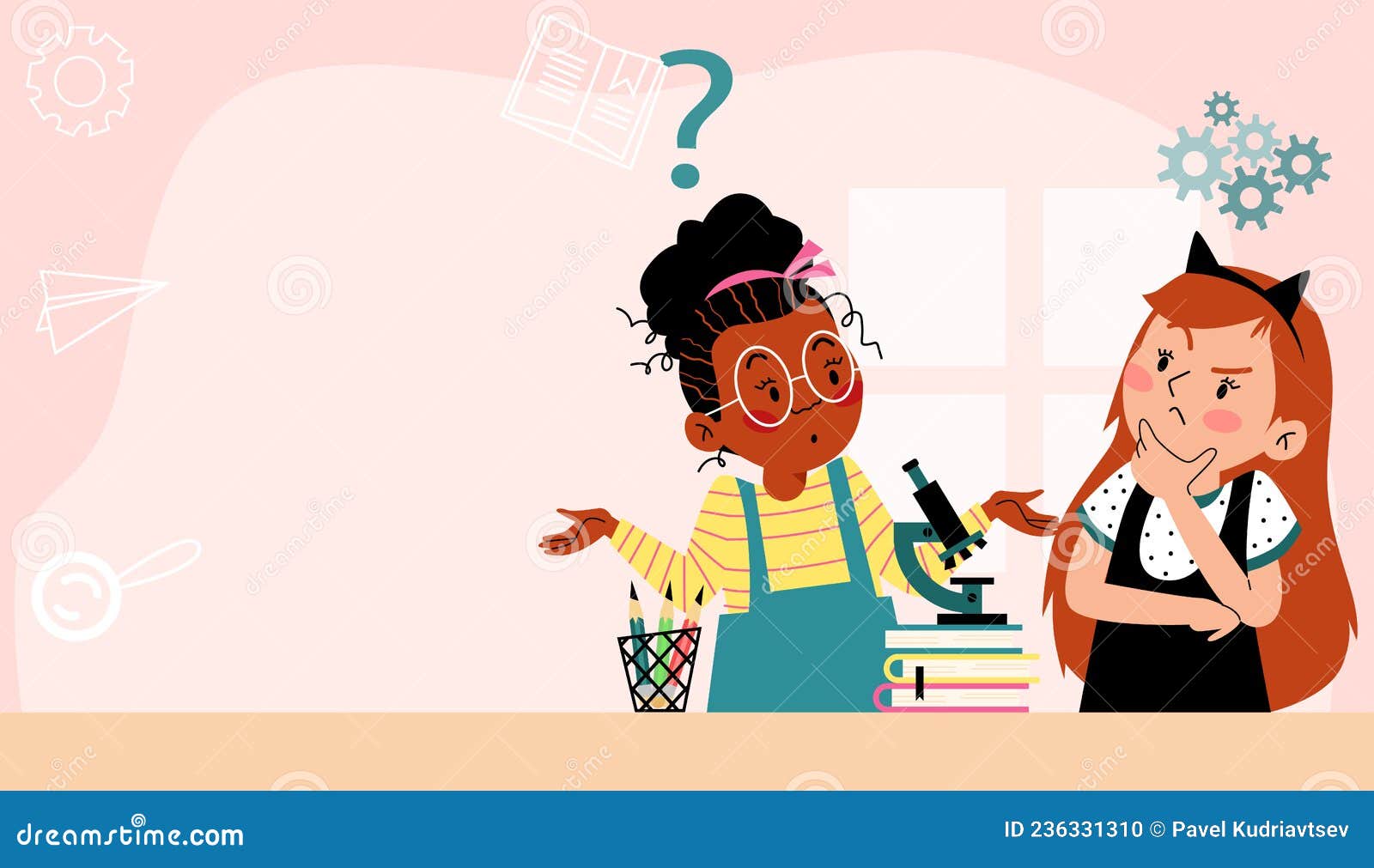 Banner with Schoolgirls Have Difficulty Solving Problem, Vector ...