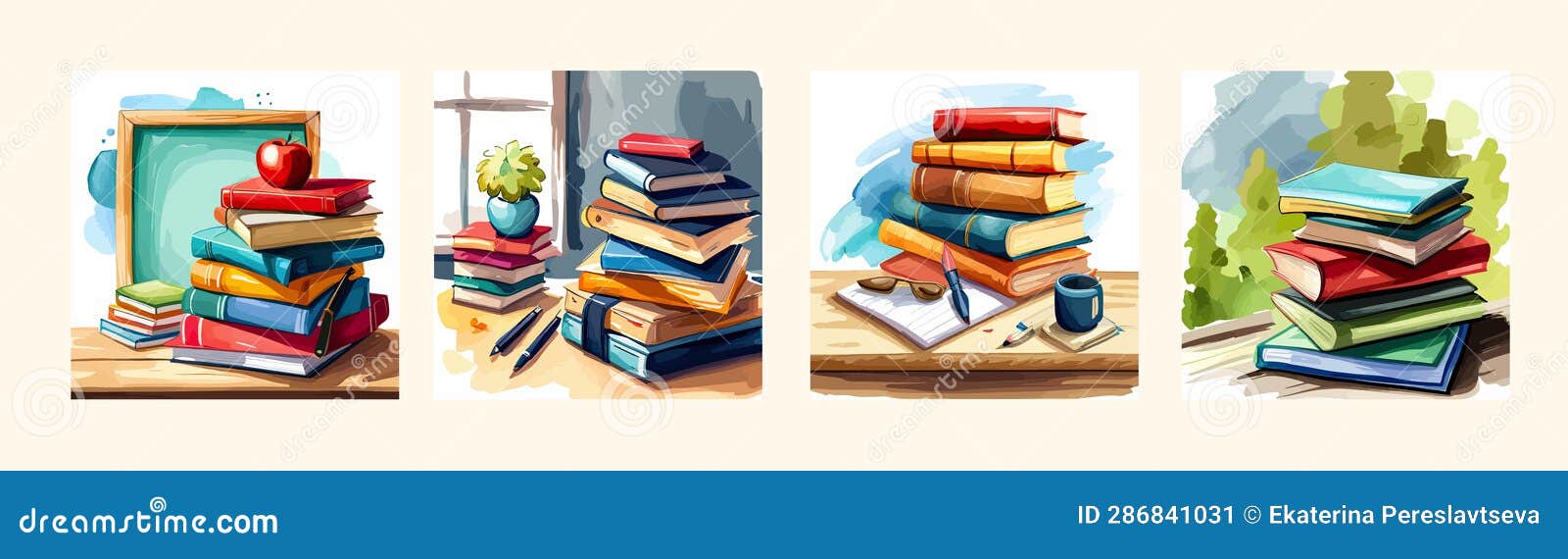 Banner Set Vector Illustration in Watercolor with Stack of Books, an ...